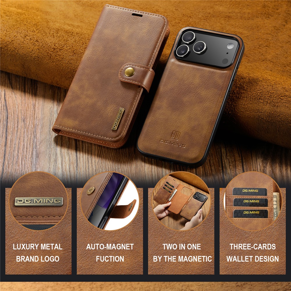 DG.MING Magnet Wallet iPhone 17 Pro Max Cognac – Premium 2-i-1 Läderfodral